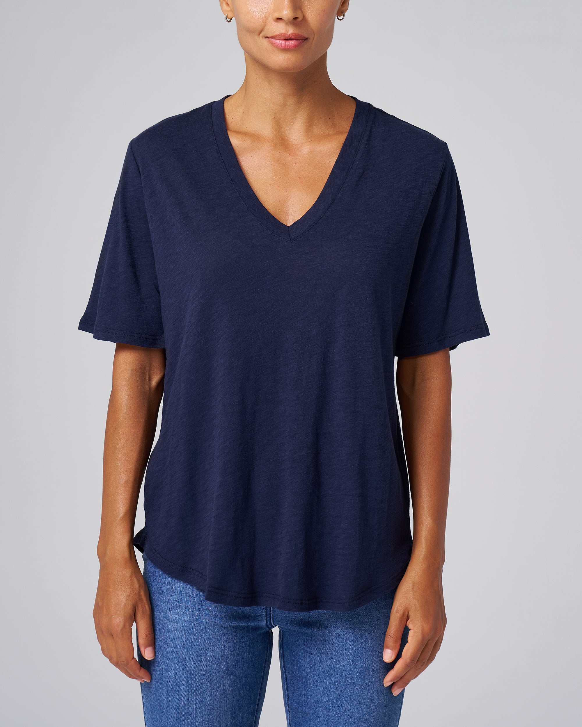 Navy Slub Jersey V-Neck Tee – Soft Cotton Modal Elbow Sleeve Shirt ...